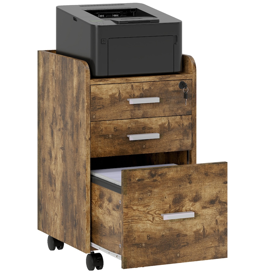 HOMCOM 3 Drawer Filing Cabinet with Lock, Rolling Under Desk Drawers ...