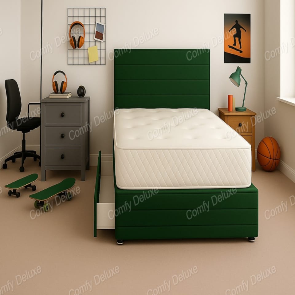 Green Jin Plush Lined 5ft Kingsize Divan Bed Set Headboard & Footboard - 2 Drawers Left Side ...
