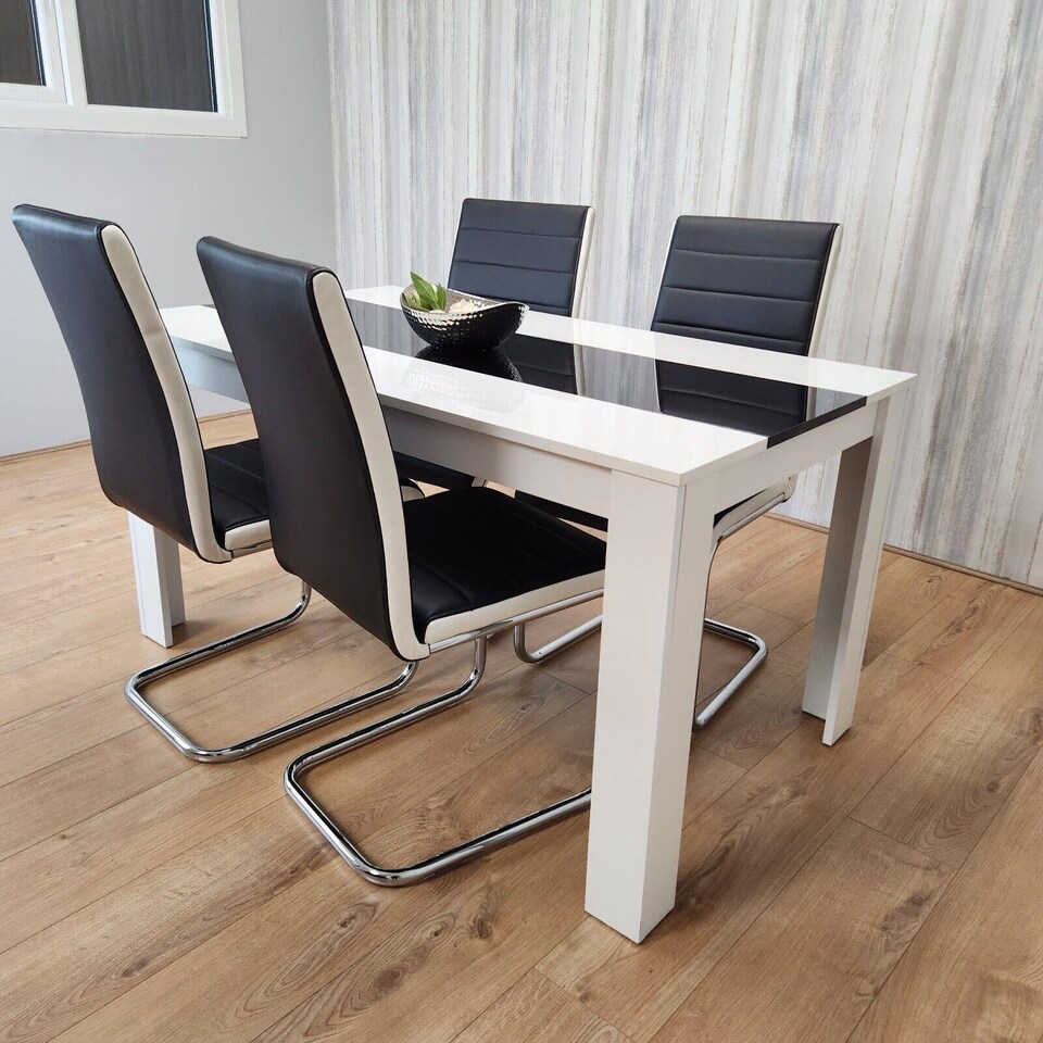 Modern White And Black Dining Table Set With 4 Faux Leather Chairs ...
