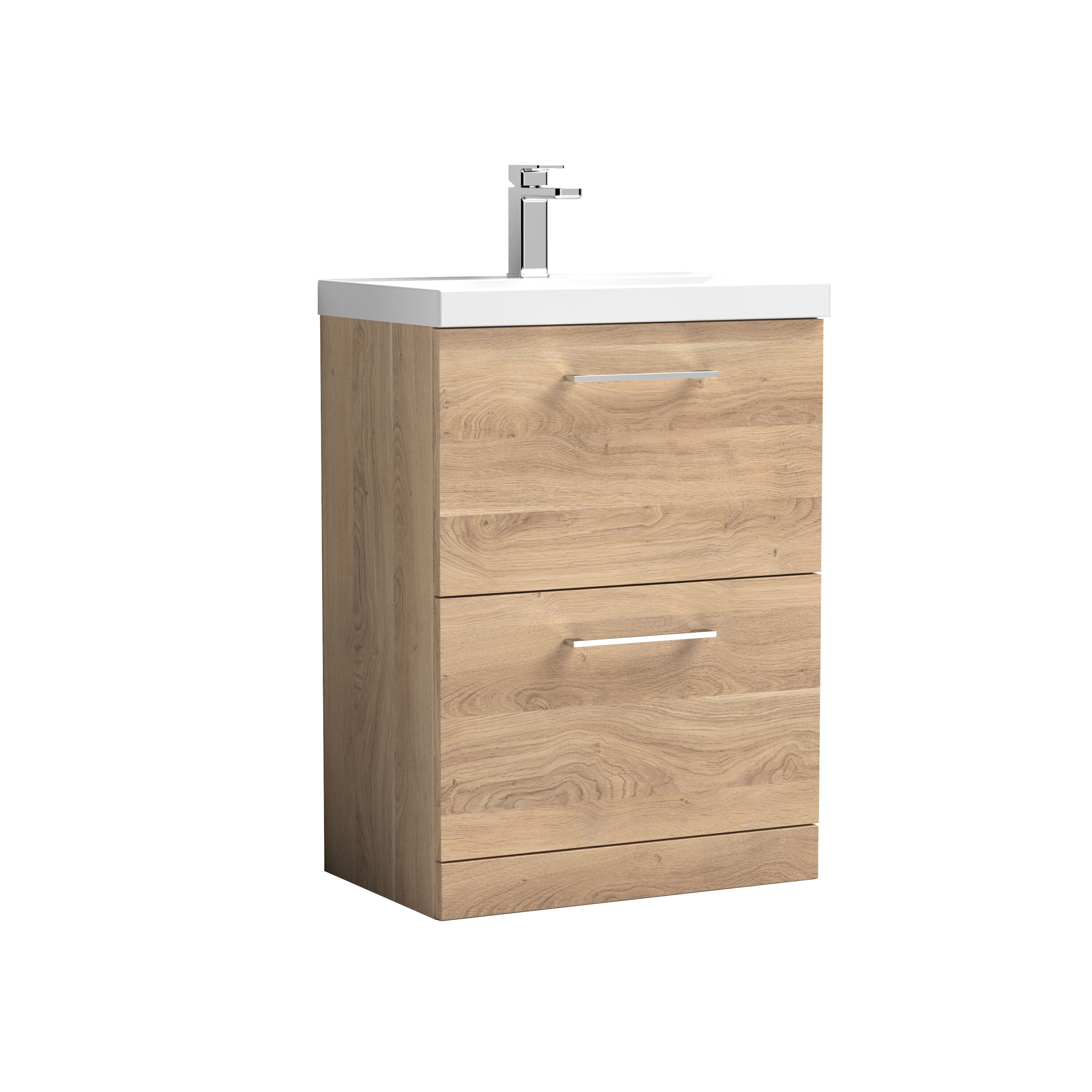 Bathroom Floor Standing 2-Drawer Vanity & Basin, Bleached Oak, 600mm ...