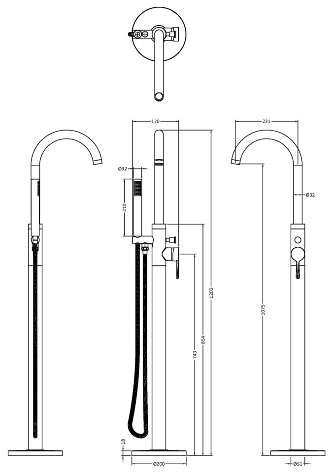 Balterley Connect Floor Standing Bath Shower Mixer Tap with High Curved ...