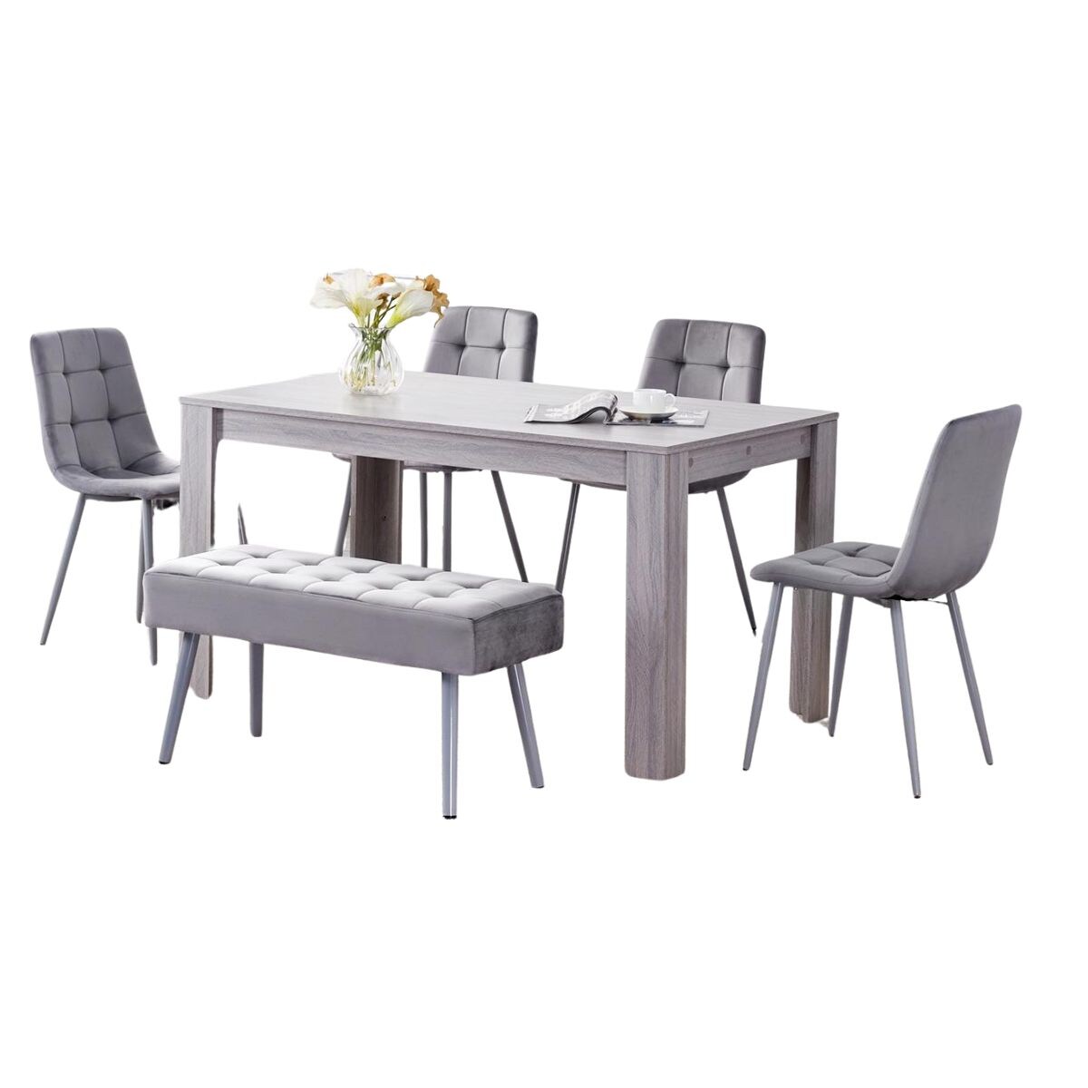 Dining Table with Bench and 4 Grey Velvet Chairs Grey Wood Dining Set ...