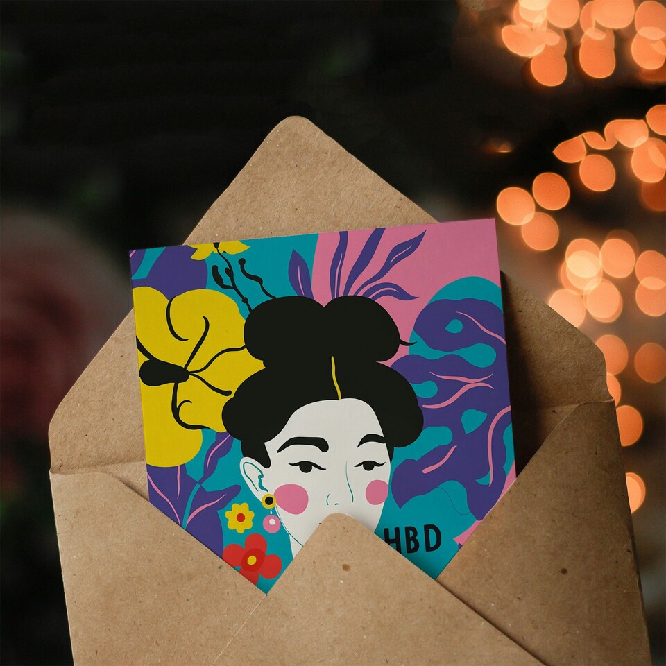 HBD Modern Geisha Floral Bold Portrait Woman Her Birthday Card - Tesco ...