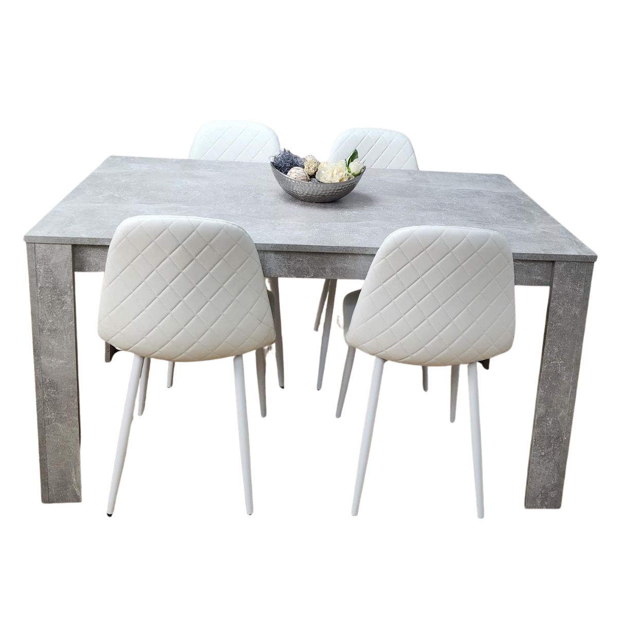 Stone Grey Effect Wood Dining Table Set with 4 White Gem Pattern Chairs ...