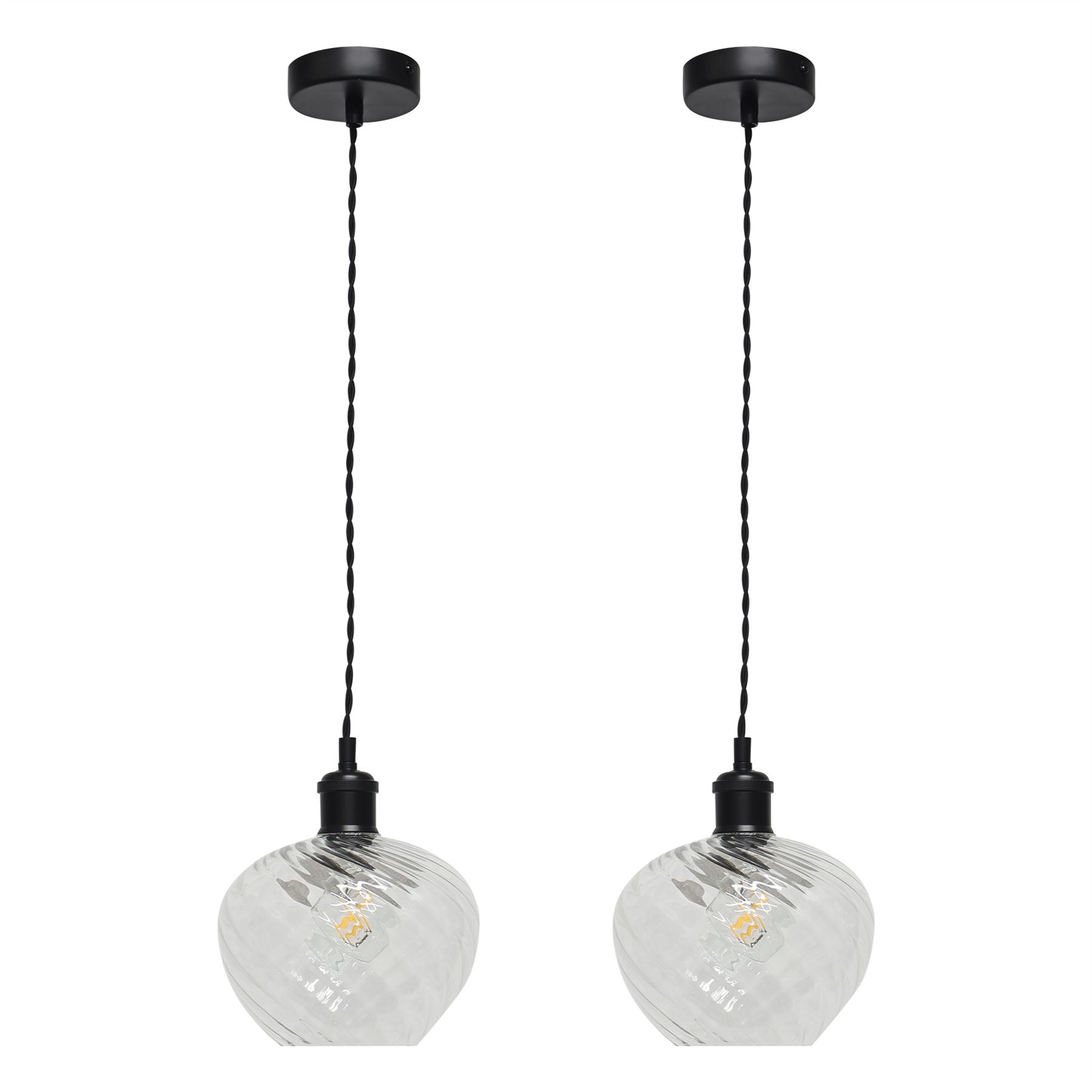 Set of 2 Bradson - Clear Swirl Glass Black Retro Pendant Fittings ...