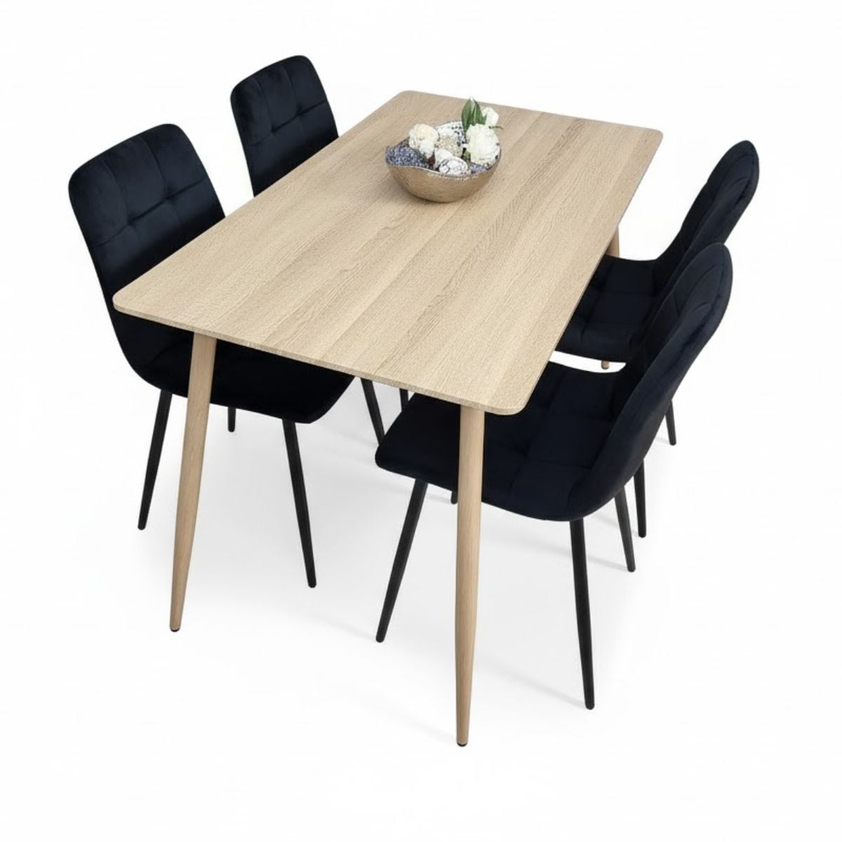 Rectangle Oak Effect Kitchen Dining Table With 4 Black Velvet Tufted ...