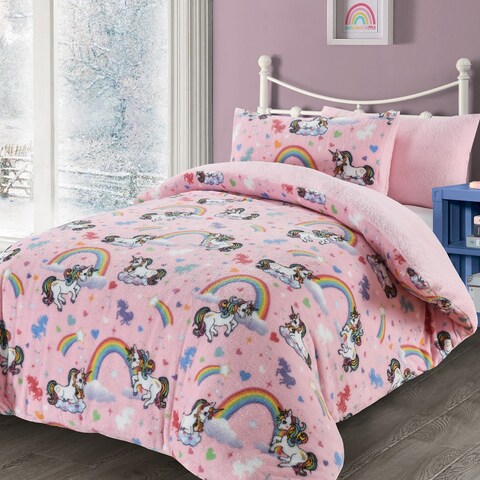 Homes Linen Kids Pink Unicorn Teddy Fleece Duvet Cover Set Super Soft ...