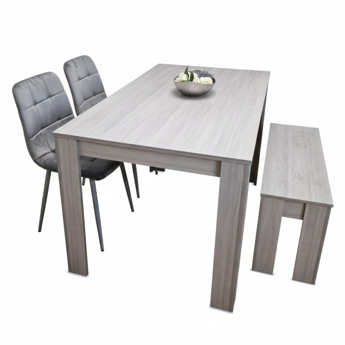 Dining Table and 2 Chairs With Bench Grey 2 Grey Velvet Chairs Wooden ...