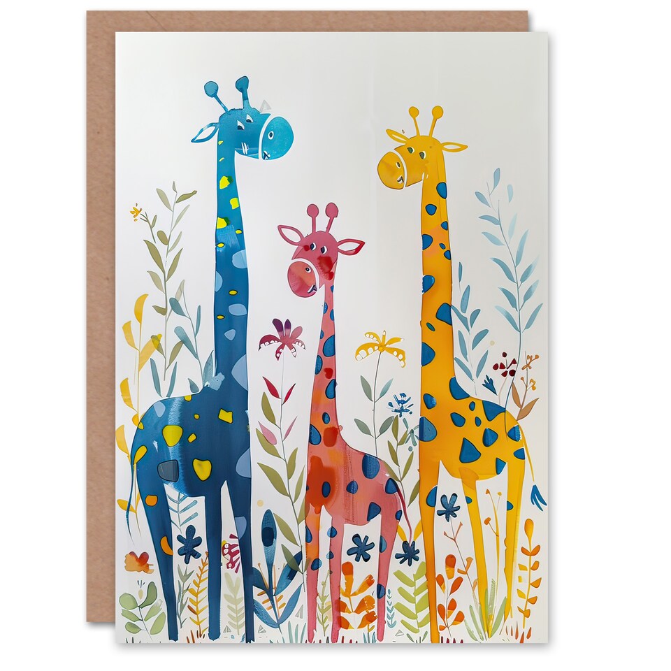 Greeting Card Cute Giraffe Family Blue Orange Pink Watercolour - Tesco ...