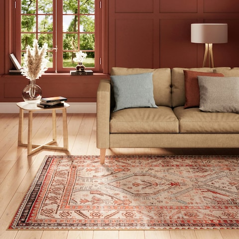 Neutral Terracotta Beige Vintage Distressed Washable Living Room Area ...