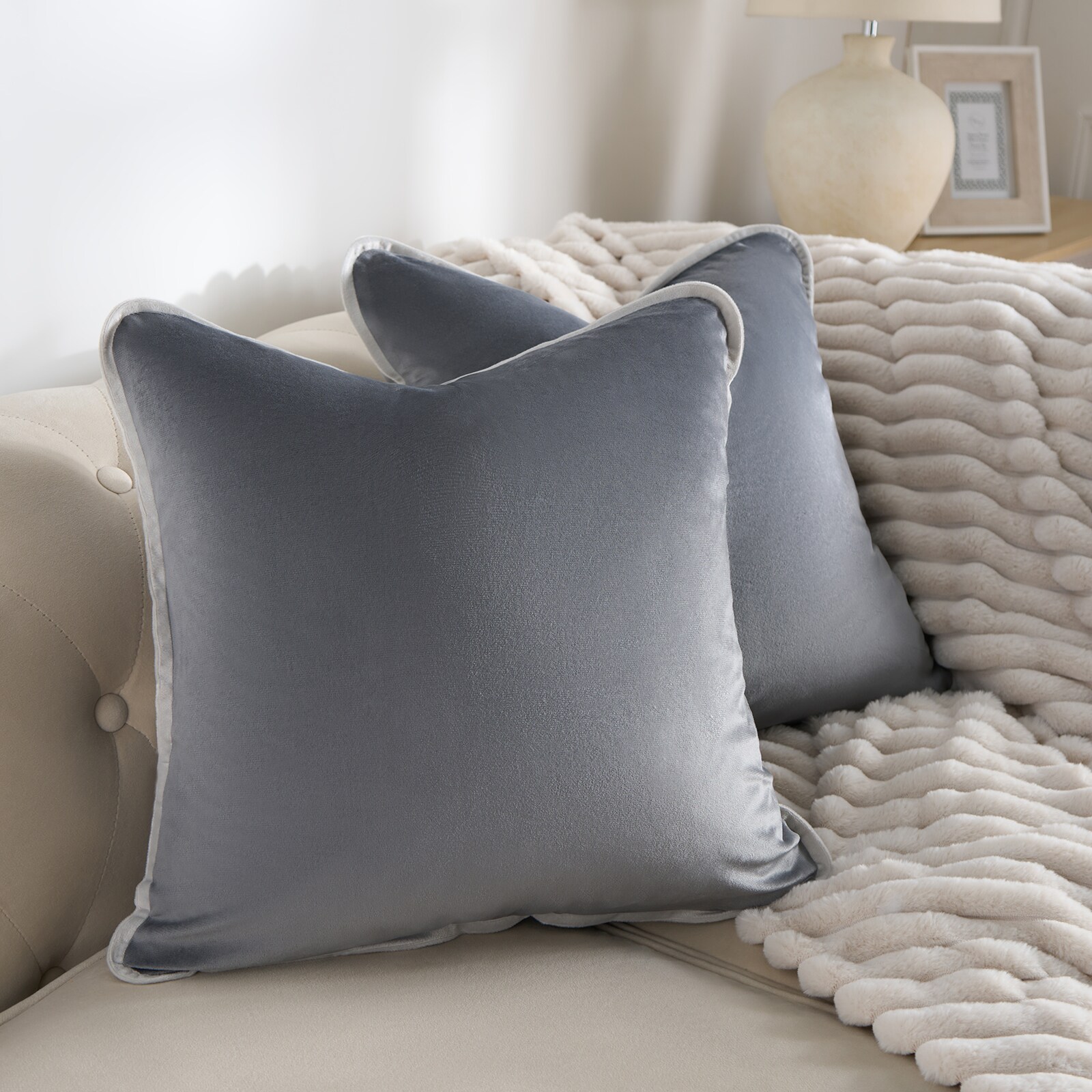 OHS 2 x Piped Edge Matte Velvet Cushion Covers Square Pillowcases ...