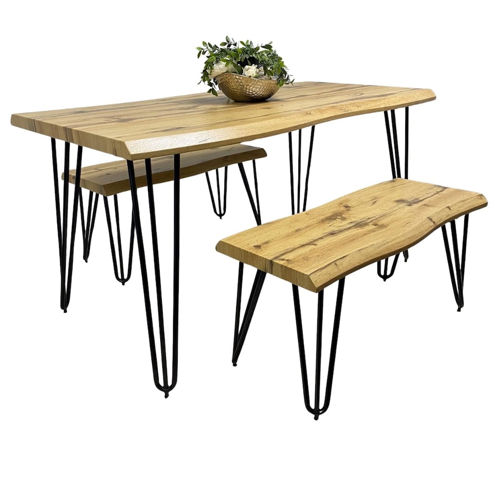 Wooden Dining Table and 2 Benches Set With Metal Hairpin Legs for ...