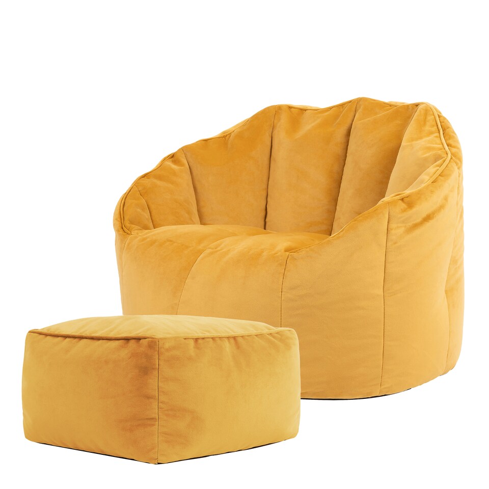 Sirena Scallop Chair Bean Bag and Footstool Ochre Yellow Velvet Bean ...