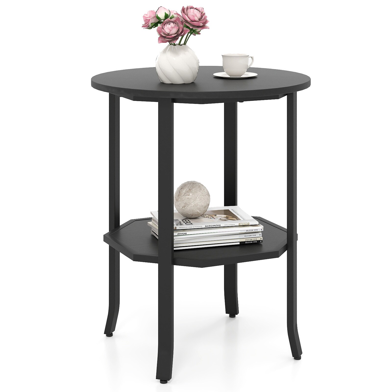 COSTWAY Round Side Table 2 Tier End Table with Storage Shelf Black ...