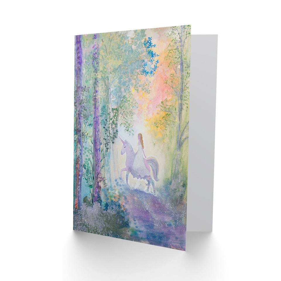 Princess Riding Unicorn Magical Forest Watercolour Birthday Card ...