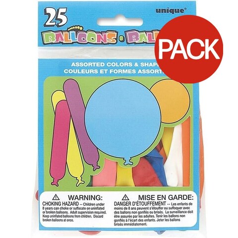 Unique Party Assorted Sizes Latex Balloons (Pack of 25) - Multicoloured ...