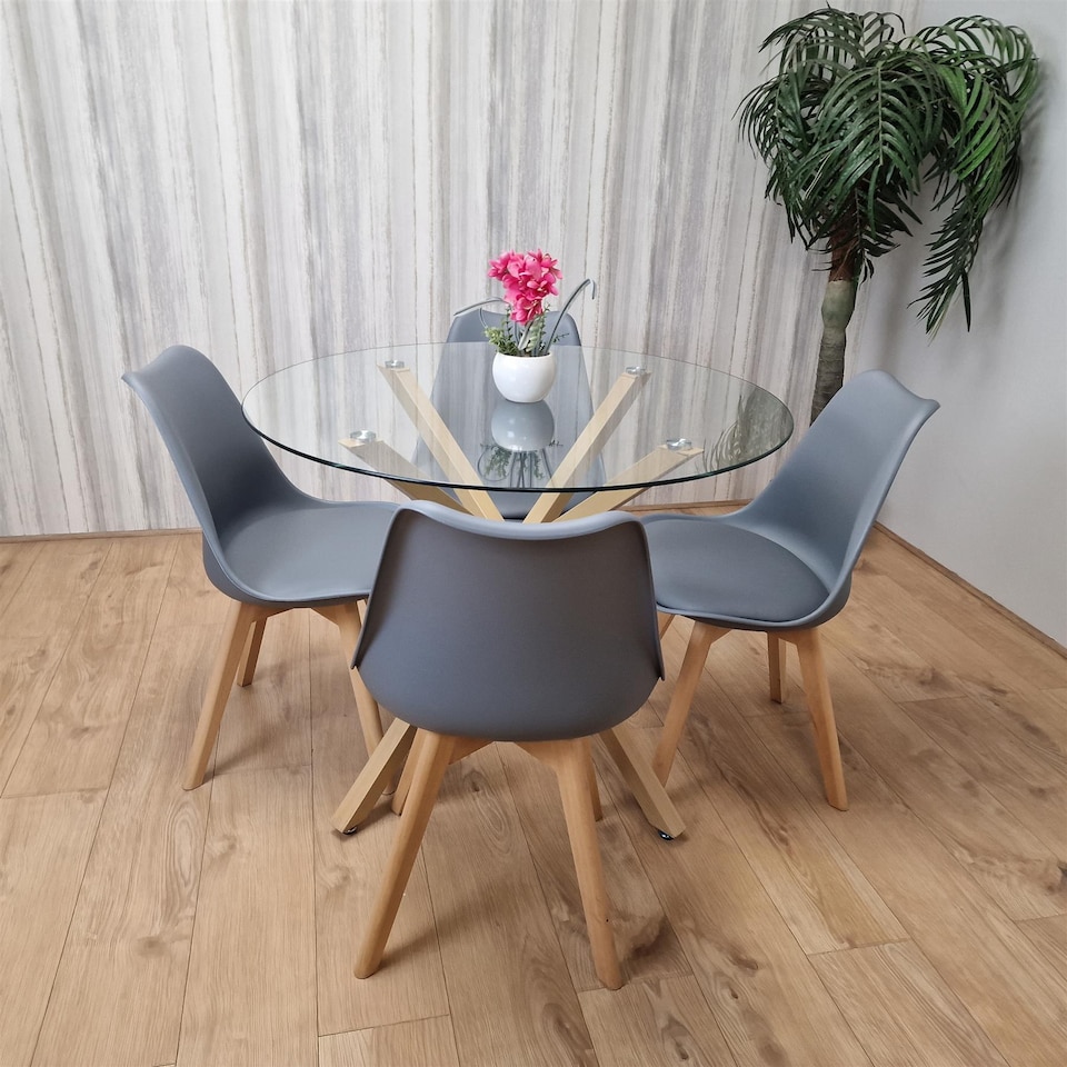 Kosy Koala Round Glass Dining Table Set With 4 Grey Plastic Chairs ...