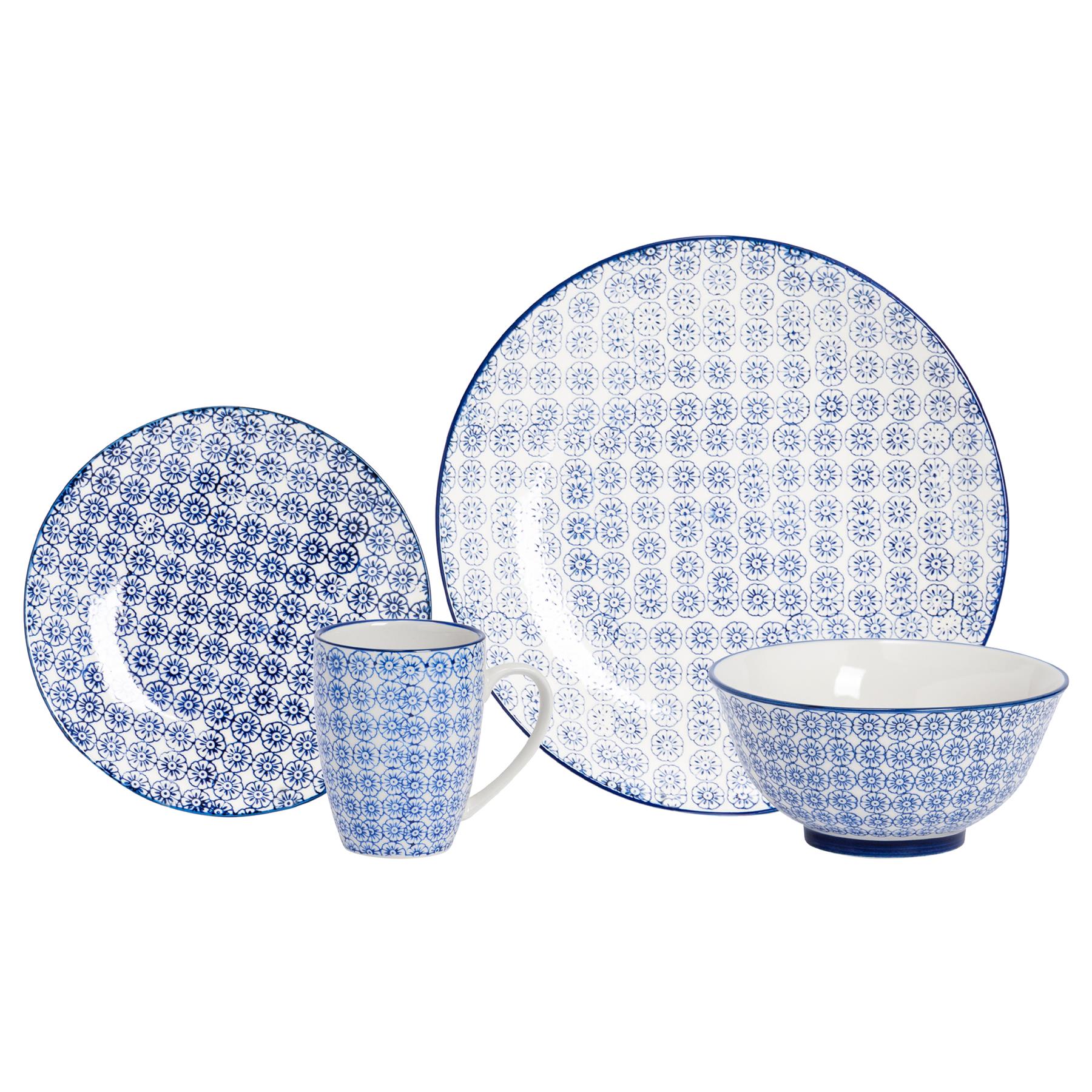 Nicola Spring 24 Piece Hand-Printed Dinner Set - Navy - Tesco Groceries