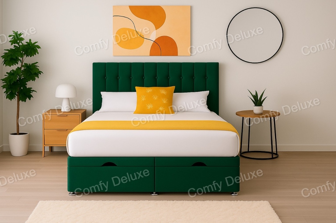 Green Plush Foot Lift Ottoman Divan Bed Set 2ft6 Small Single with ...