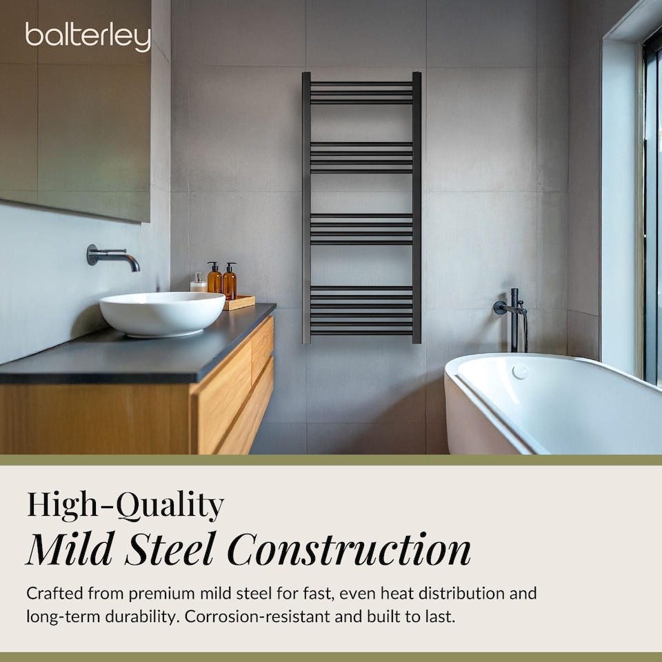 Straight Heated Towel Rail Radiator, 768W, 600 x 1100mm, Matt Black ...