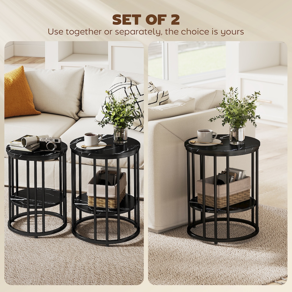 HOMCOM Round Coffee Table Set of 2, Marble-Effect Side Tables with ...