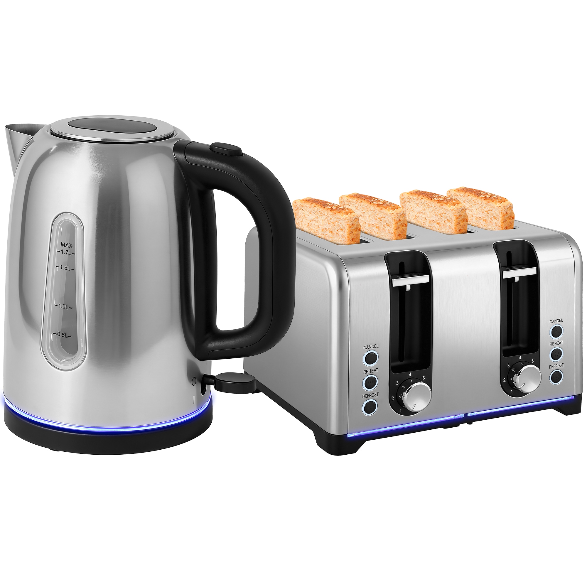 HOMCOM 4 Slice Wide Slot Toaster and 1.7L Rapid Boil Kettle Set, Silver ...