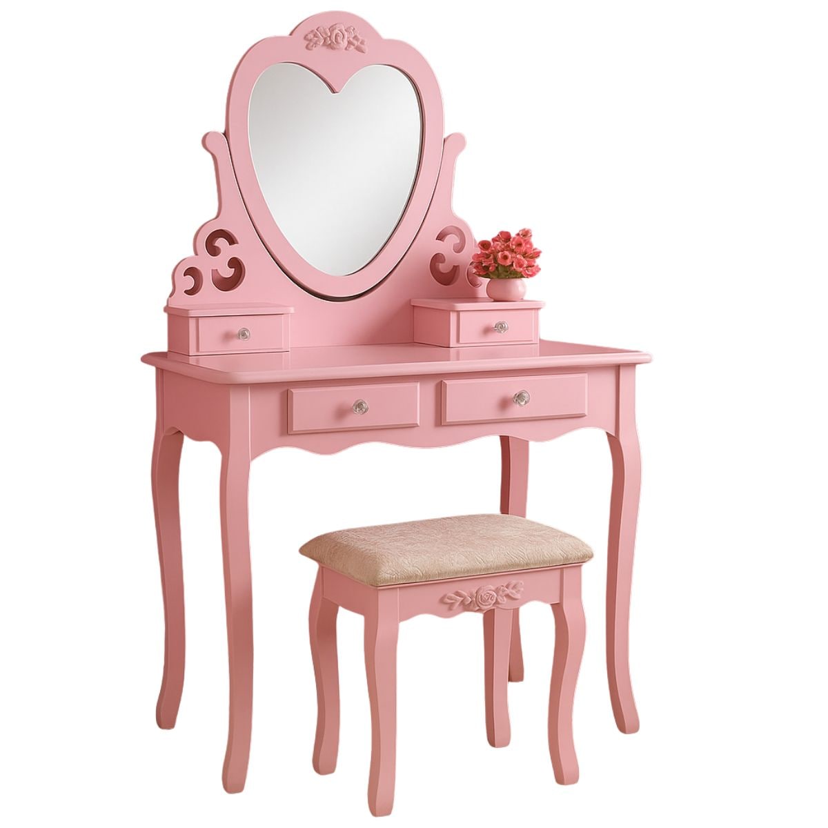 Dressing Table With Mirror Stool Vanity Dresser Bedroom Pink Love Heart ...