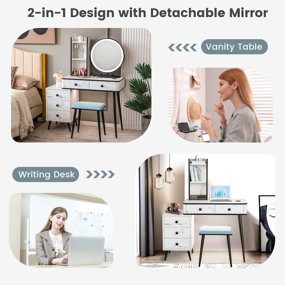 COSTWAY Dressing Table Vanity Set Makeup Stool White - Tesco Groceries