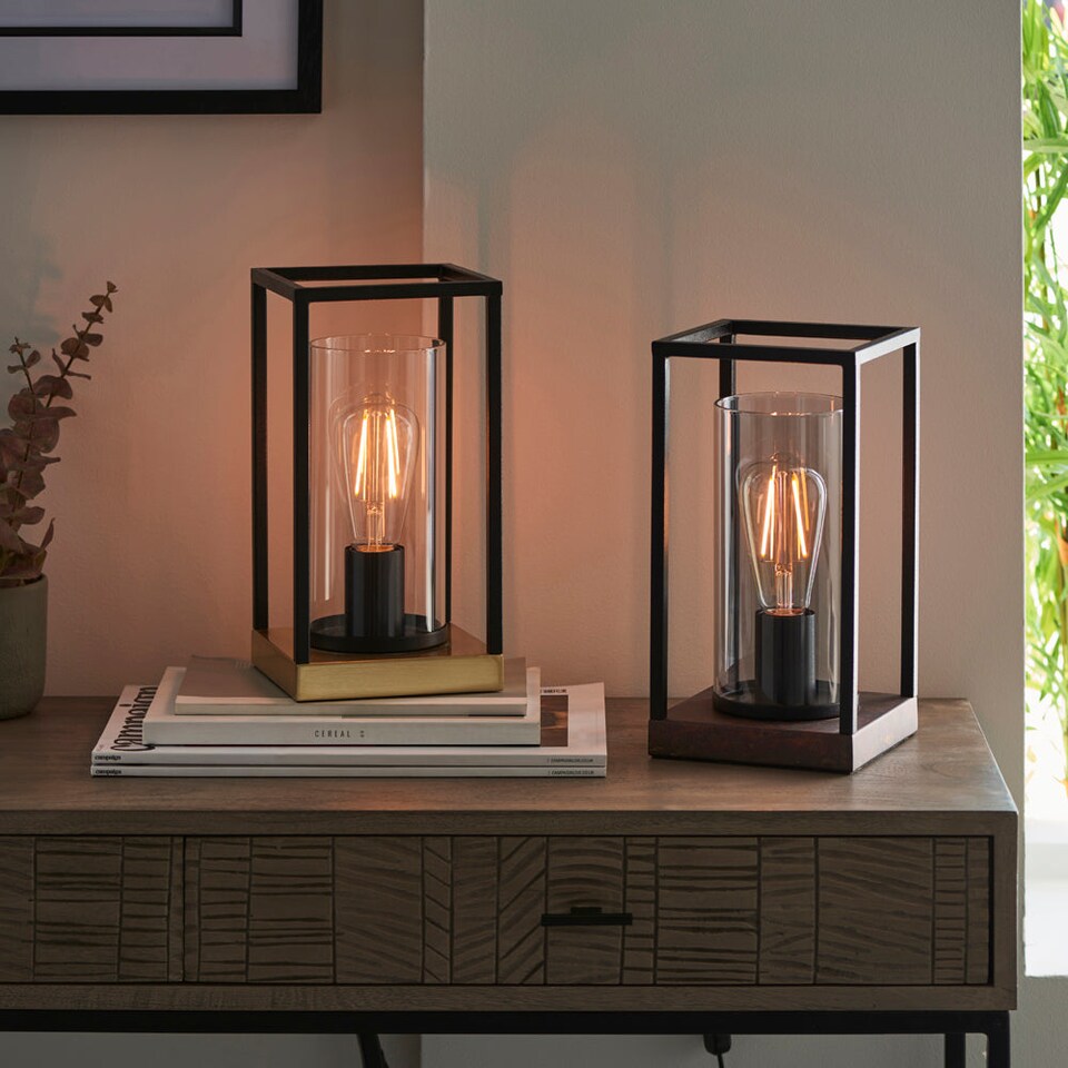 2 PACK Matt Black Framed Table Lamp Light & Glass Shade - Bronze Patina ...