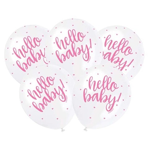 Baby Shower Hello Baby Pink Print Pearlised Biodegradable Latex Helium ...