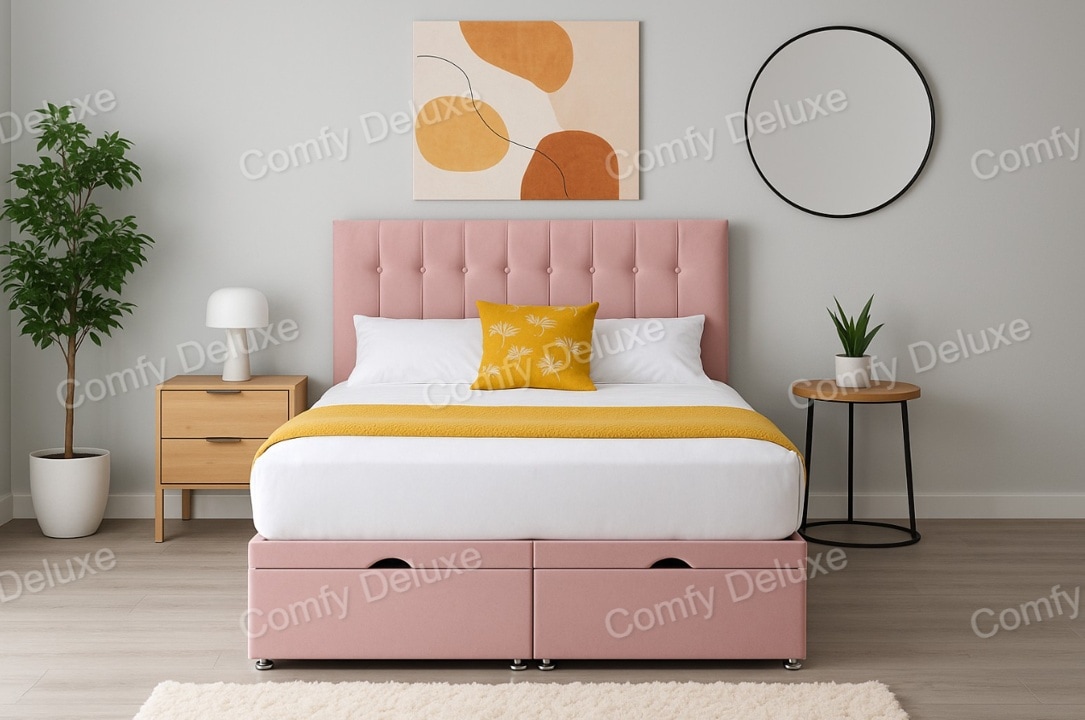 Pink Plush Foot Lift Ottoman Divan Bed Set 2ft6 Small Single with ...