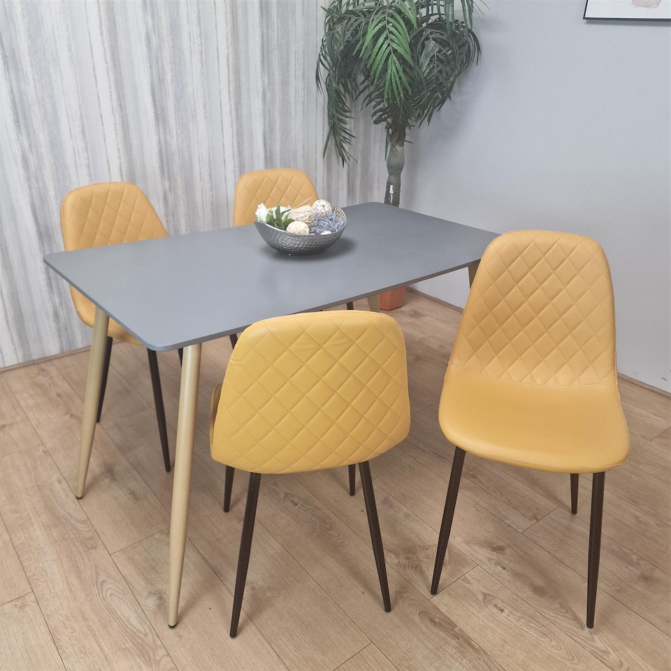 Wooden Rectangle Dining Table Set Grey Table with 4 Mustard Gem ...