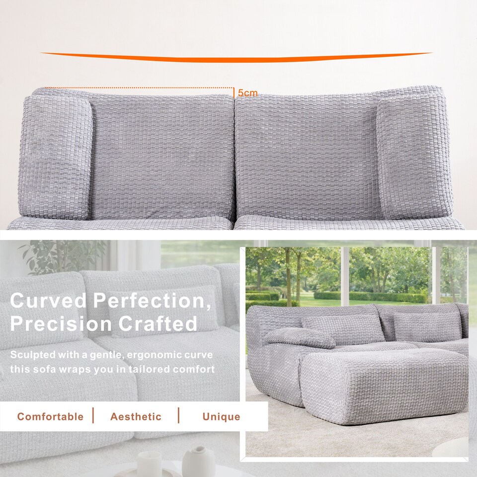 Modular Corduroy Fabric Sofa Set with Ottoman, Curved Seat Design ...