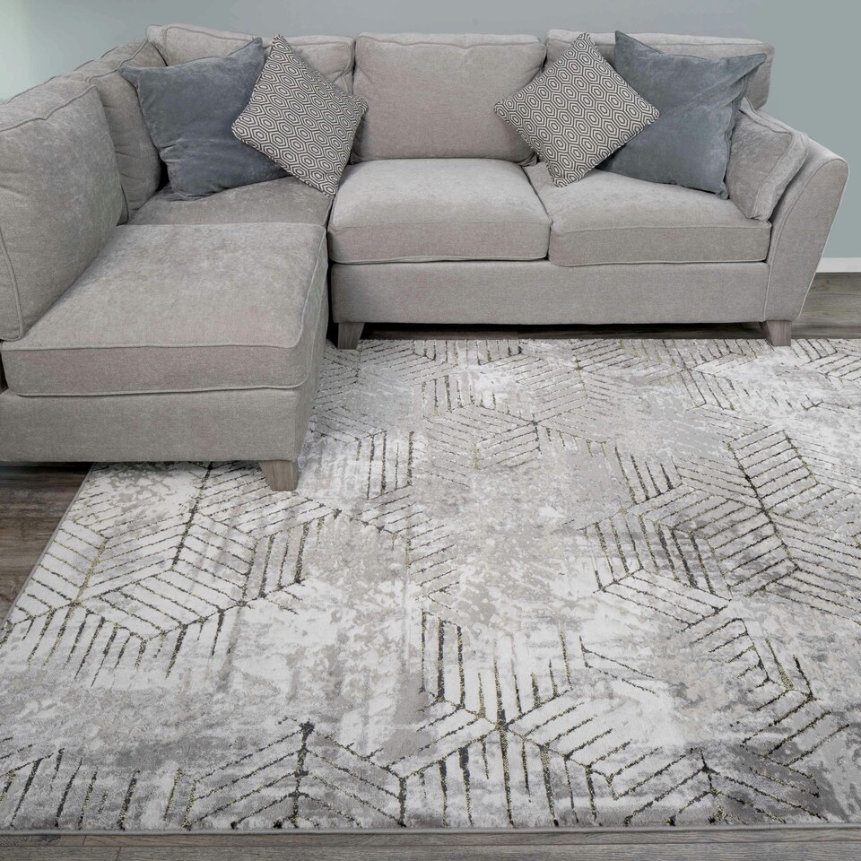 KUKOON Grey Gold Distressed Abstract Geometric Area Rug 160cm x 230cm ...