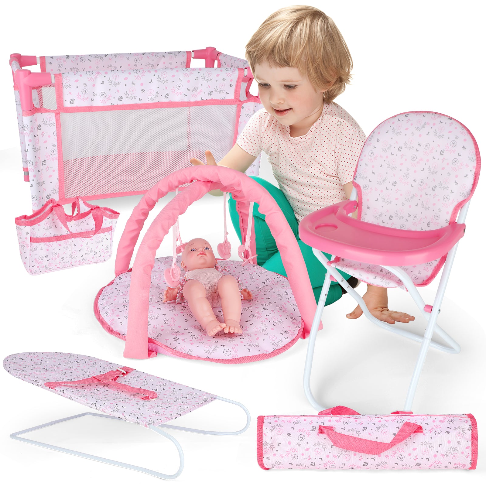 4-in-1 Baby Doll Pretend Play Set - Highchair, Bed, Cradle & Play Mat ...