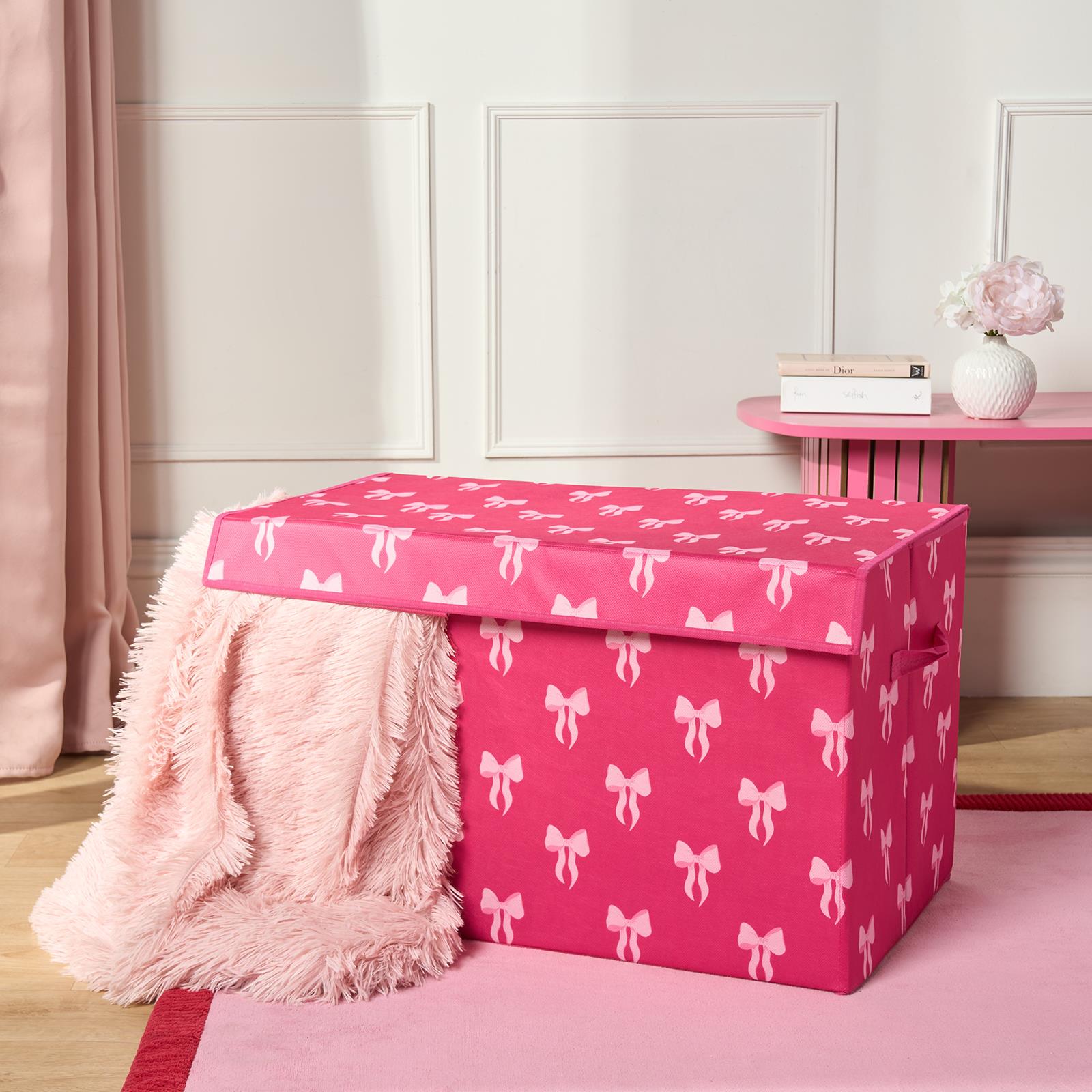 OHS Bows Foldable Fabric Storage Box Organiser with Lid | Pink - Tesco ...