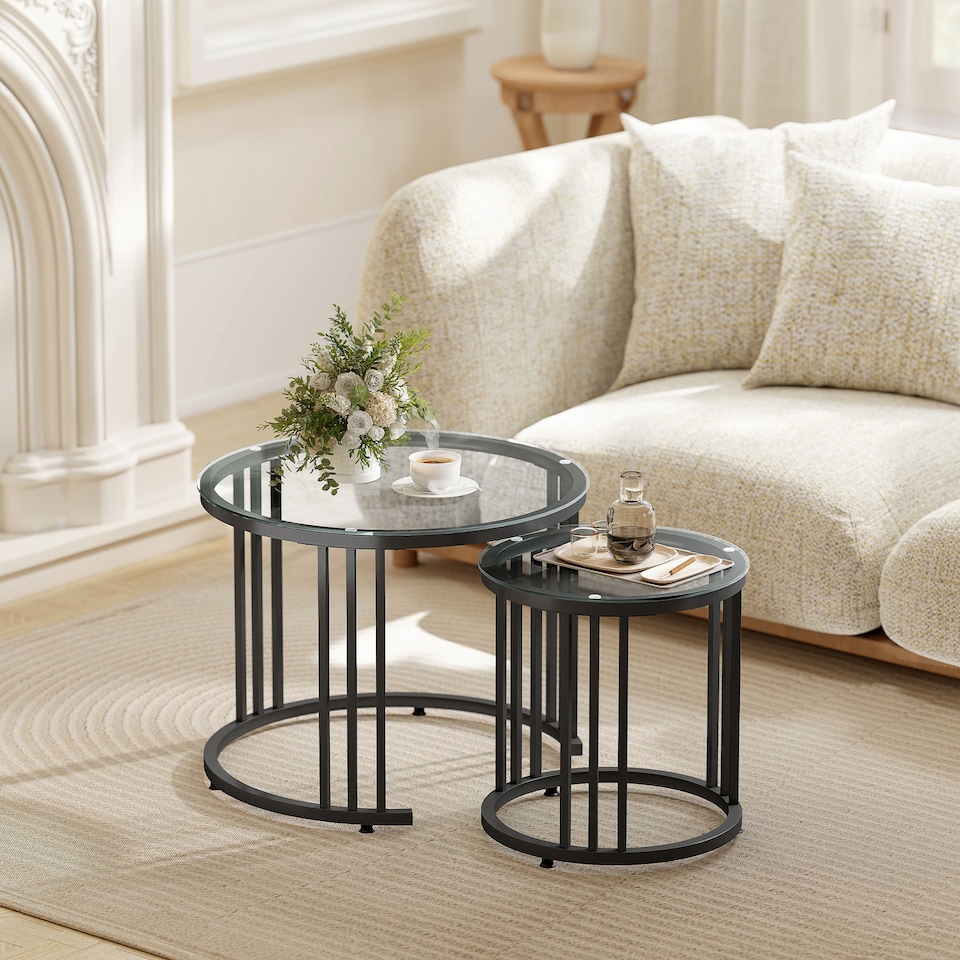 HOMCOM 2 Pieces Round Nesting Coffee Tables with Tempered Glass Top ...