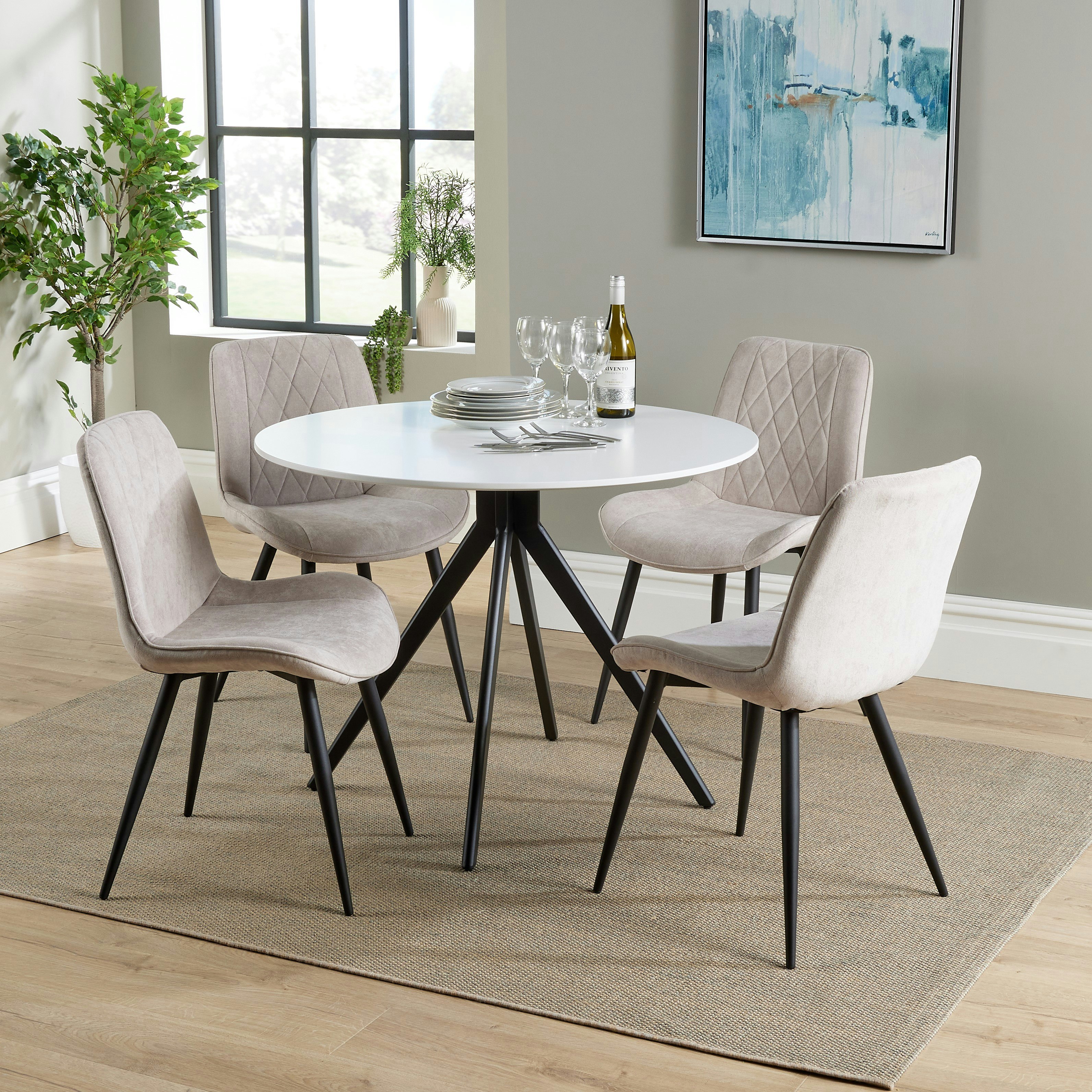 Aspen White 100cm Round Dining Table with 4 Diamond Stitch Upholstered ...