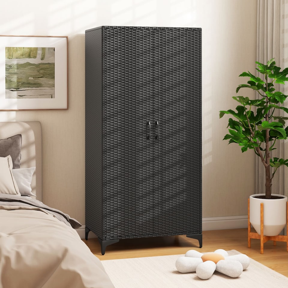 COSTWAY Wicker Wardrobe PE Rattan Wardrobe Armoire Closet Hanging Rod ...