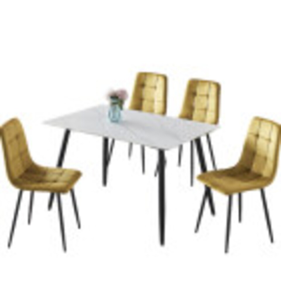 120cm Ceramic Top Dining Table & 4 Plush Velvet Chairs With Metal Leg ...