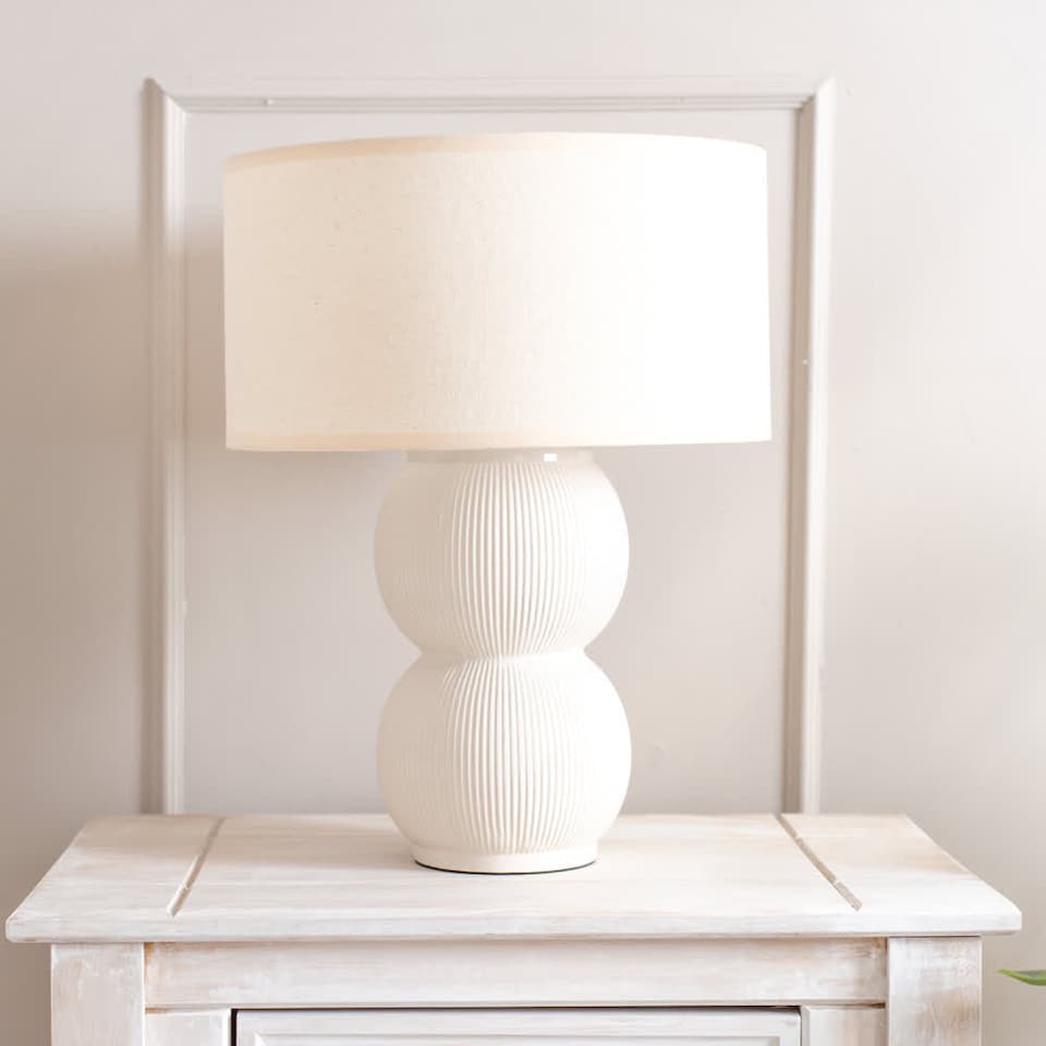 ValueLights Gemma Cream Trim Shade Stacked Ribbed Pot Table Lamp ...