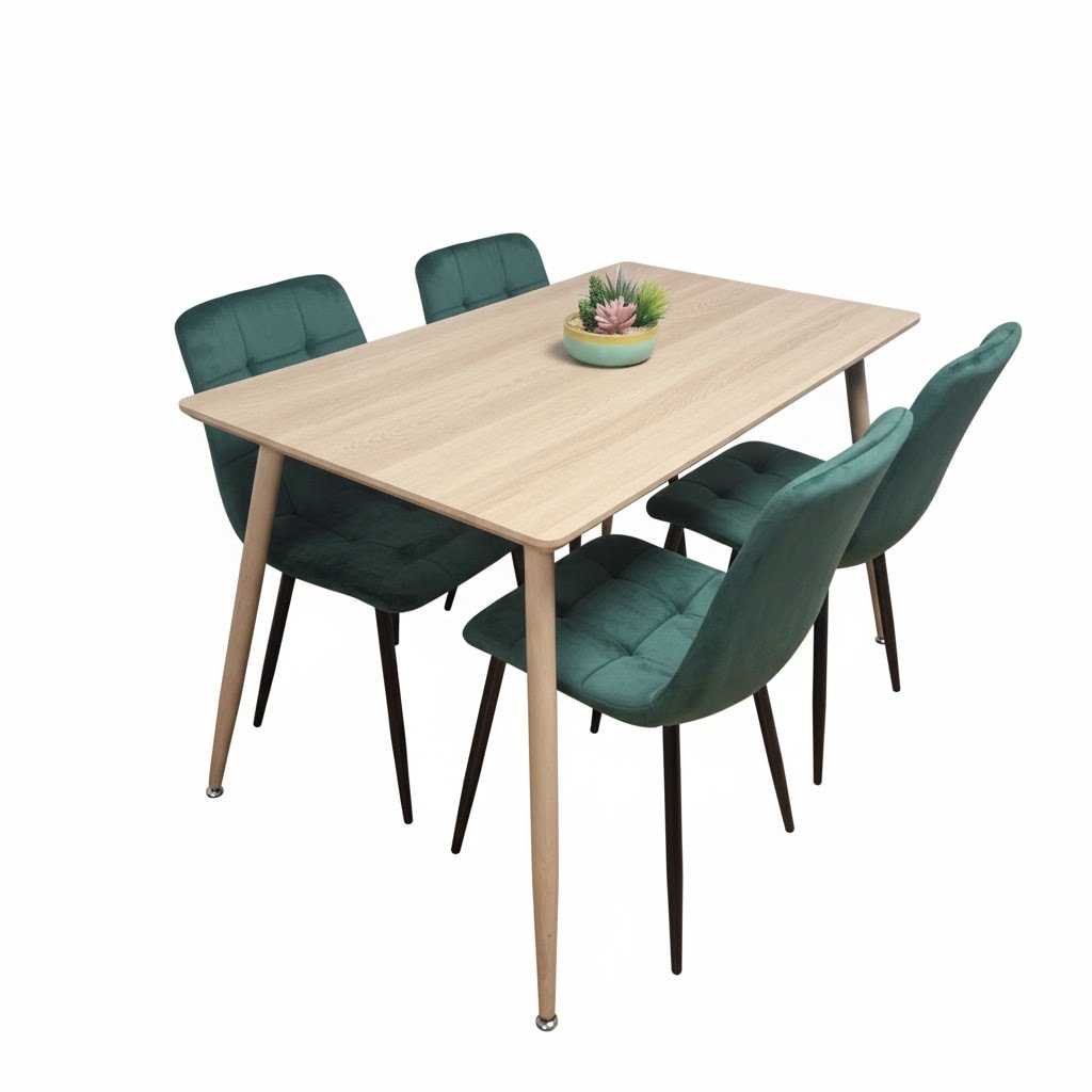 Wood Dining Table Set with 4 Green Velvet Chairs Kitchen Dining ...
