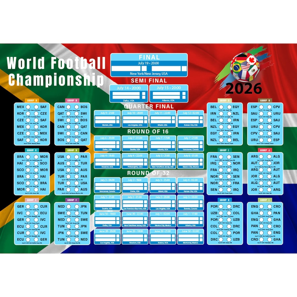 South Africa Flag World Football Championship Cup 2026 A3 Fixture Wall ...