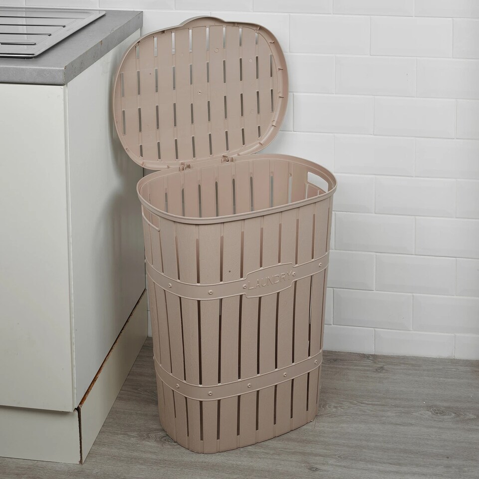 65L Plastic Bamboo Style Laundry Basket Storage Bin With Handles & Easy ...