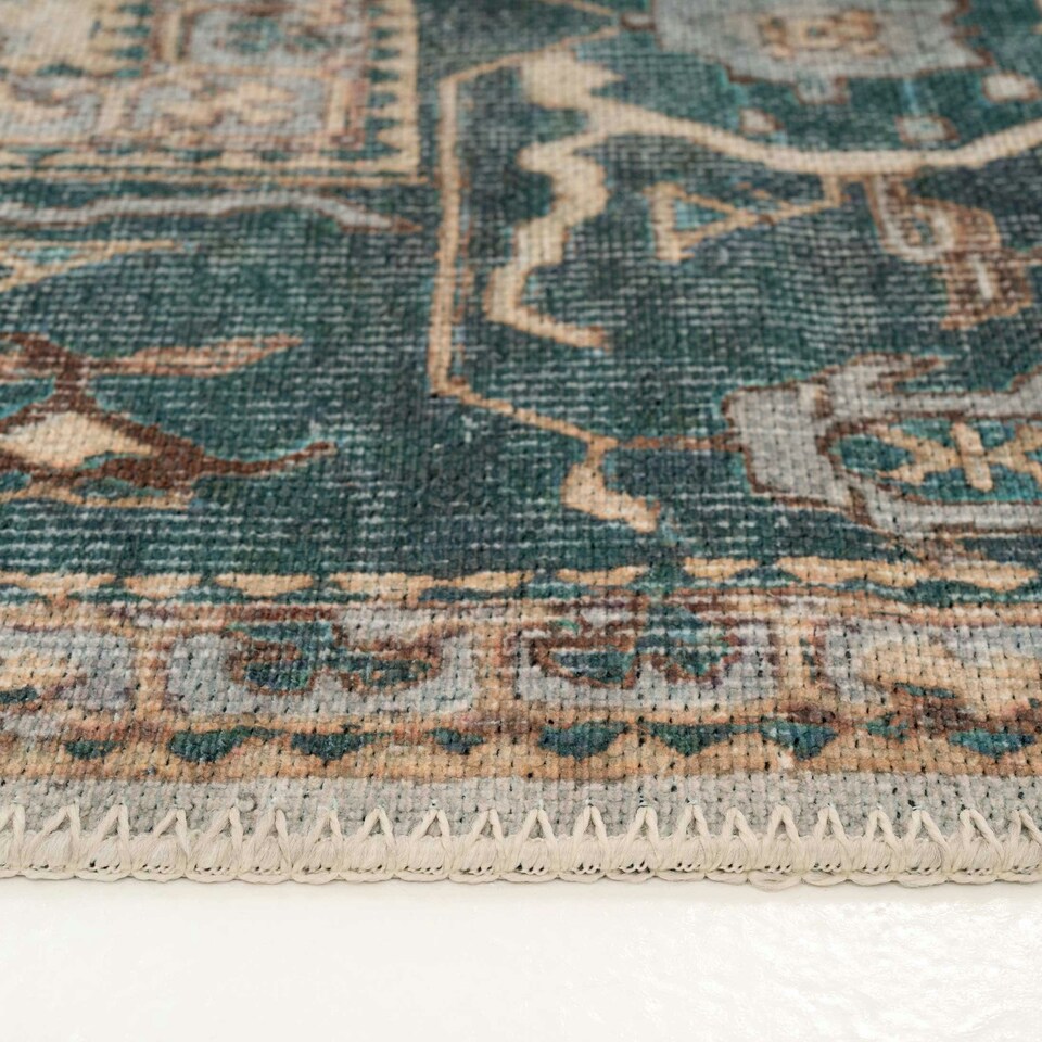 KUKOON Teal Blue Distressed Bordered Medallion Non Slip Washable Low ...