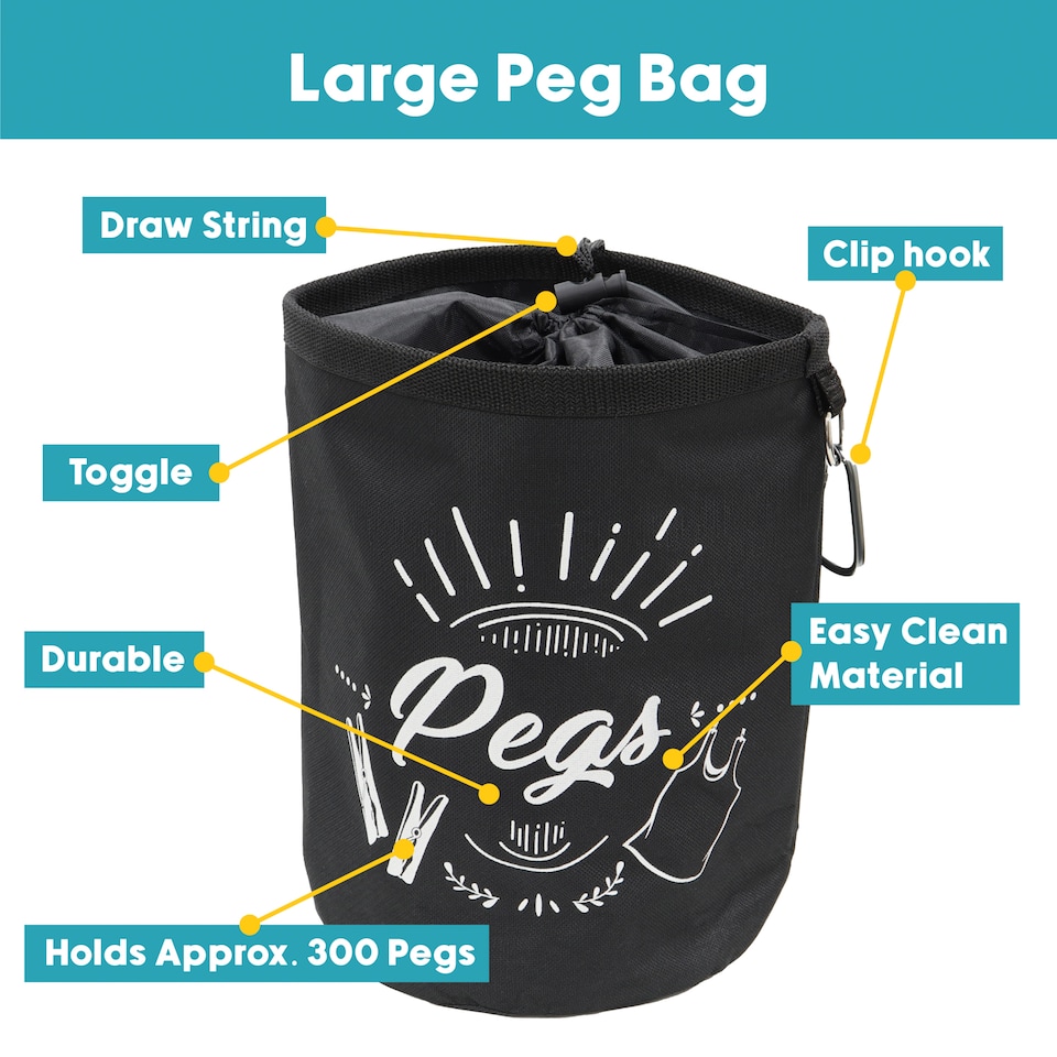 JVL Large Black Peg Bag with 200 Plastic Clothes Pegs, Assorted Colours ...