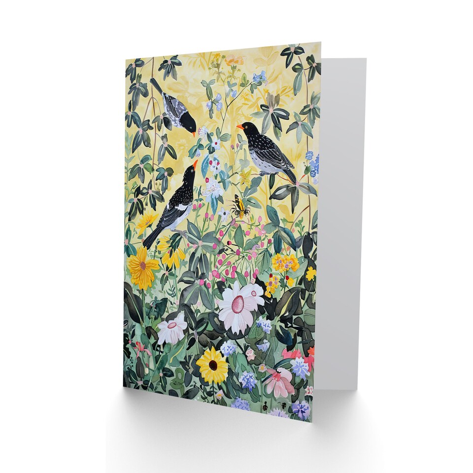 Greeting Card Birds in Blooming Spring Wildflower Field Birthday ...
