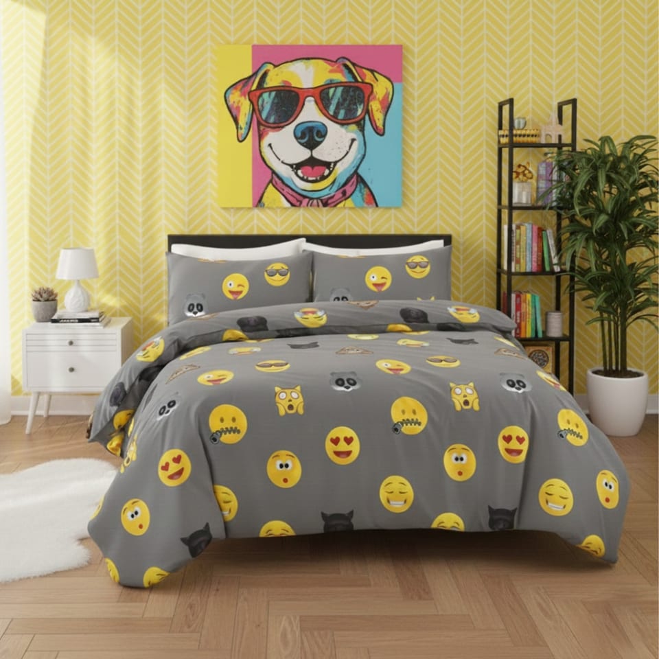 Emoji Print Duvet Cover Set Cool Playful Bedding with Pillowcases ...
