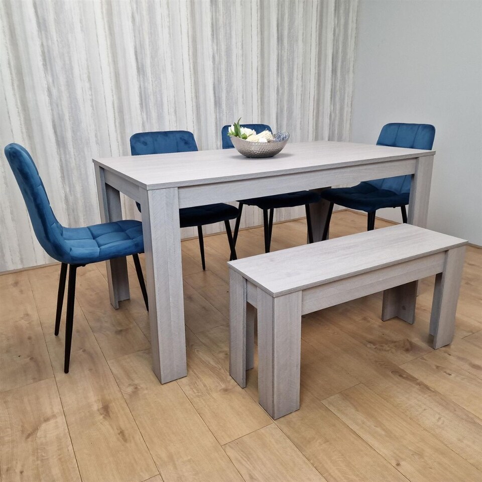 Modern Grey Rectangle Dining Table Set With 4 Blue Velvet Chairs And 1 ...