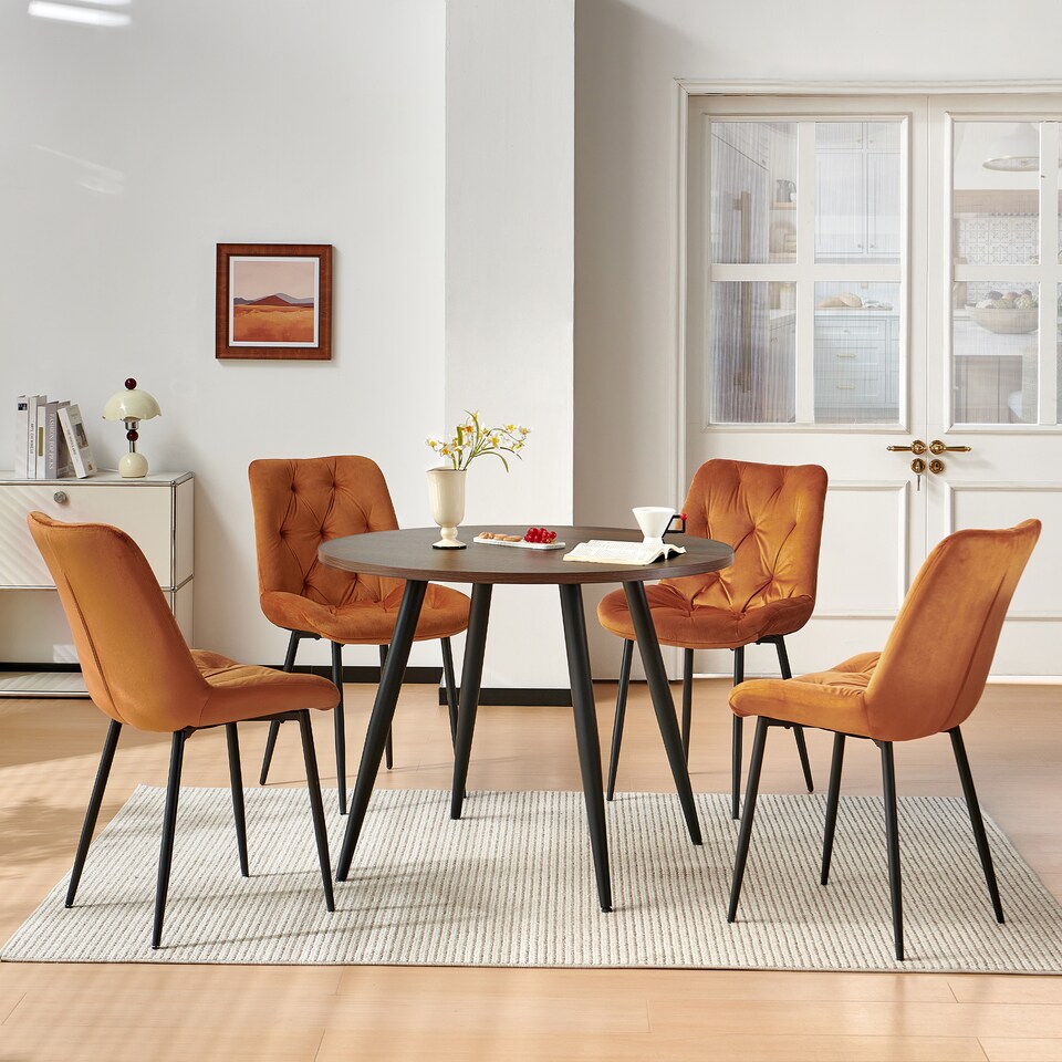 SONARA Modern Round Dark Walnut Dining Table with Velvet Chairs, 4 ...